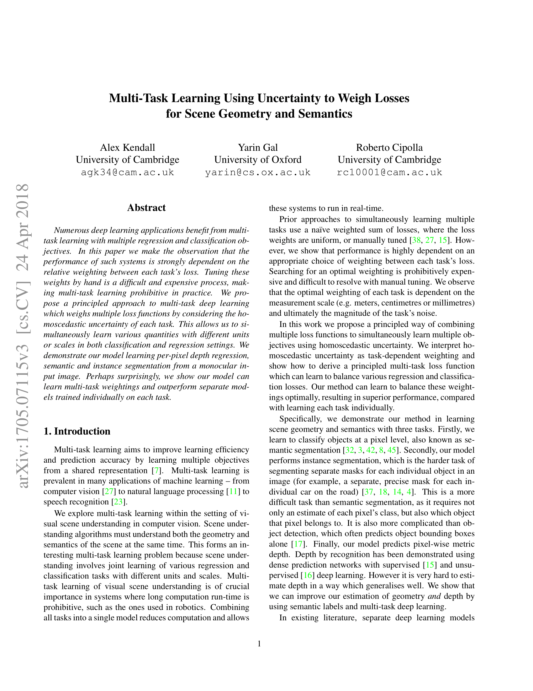 Multi-Task Learning Using Uncertainty to Weigh Losses for Scene Geometry and Semantics - Liang